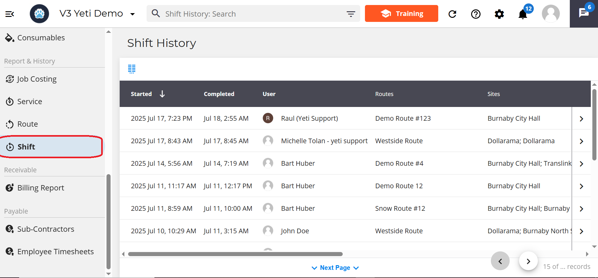 Shift History Report