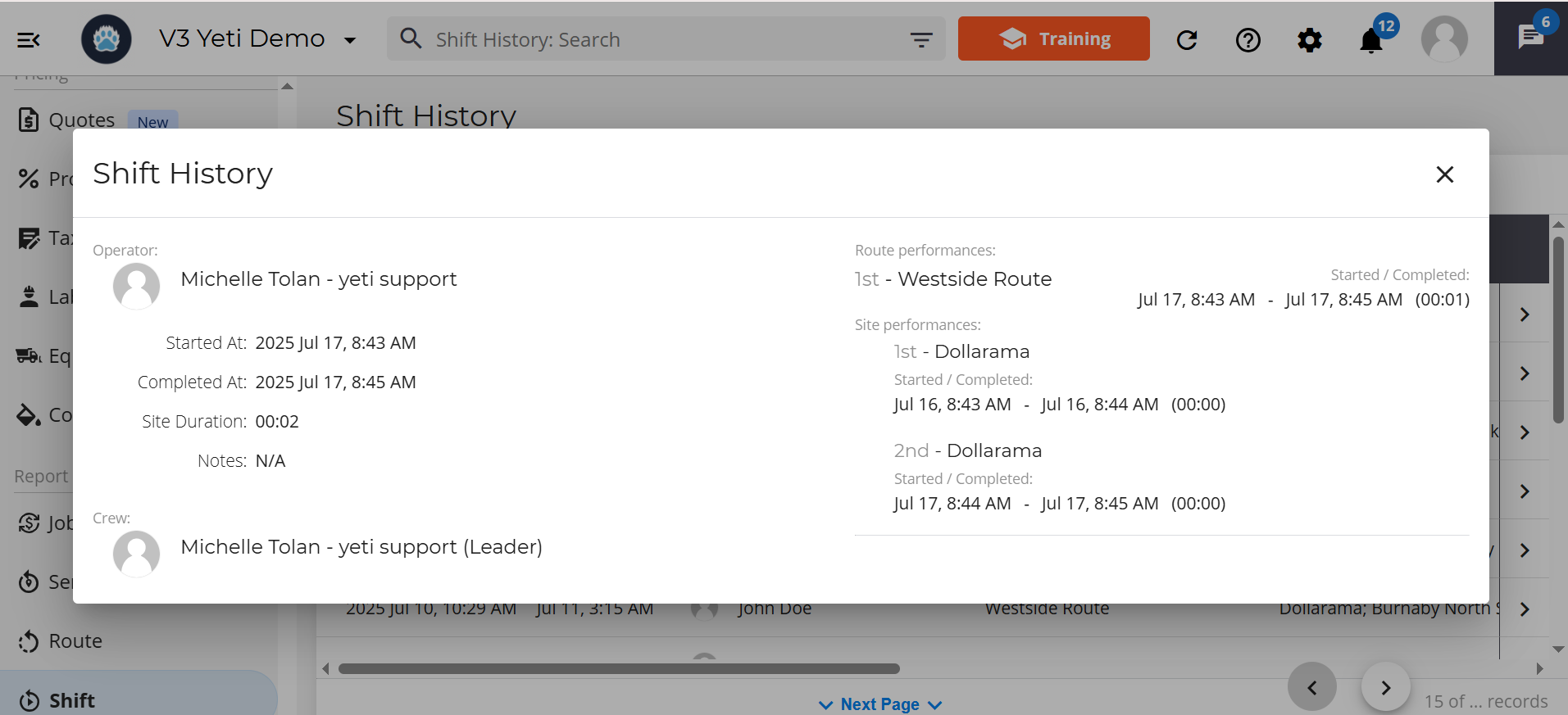 Shift History Report